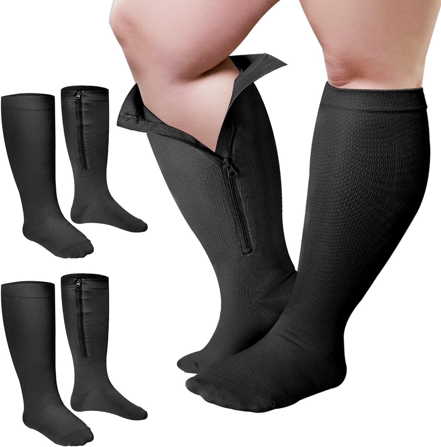 2 Pair Wide Plus Size Calf Compression Socks with Zipper for Overweight ...