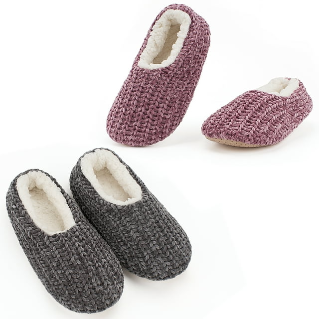 2-Pair Women's Cozy House Slippers, Soft Warm Indoor Sock Shoes with ...