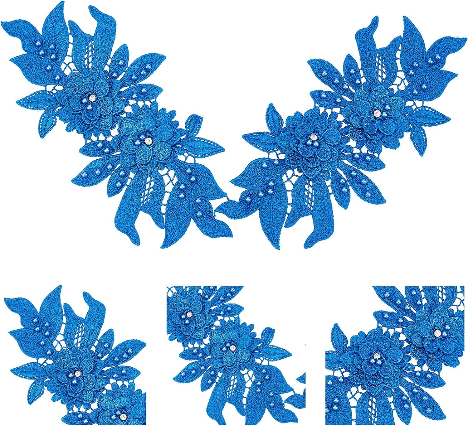 2 Pairs 3D Lace Applique Patches Blue Sew on Embroidery Lace Flower ...