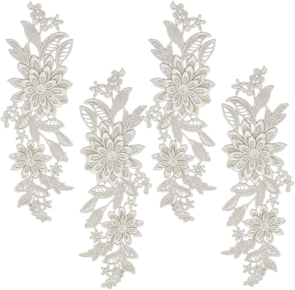 2 Pairs 4Pcs White 3D Flowers Lace Applique Sew On Embroidered Floral ...