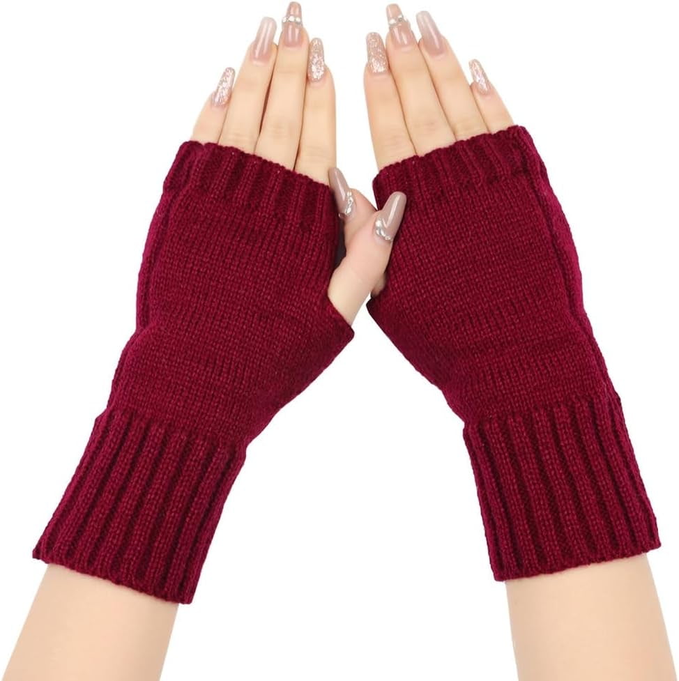 2 Pairs Acrylic Fiber Knitted Mittens Fingerless Gloves Winter Warm ...