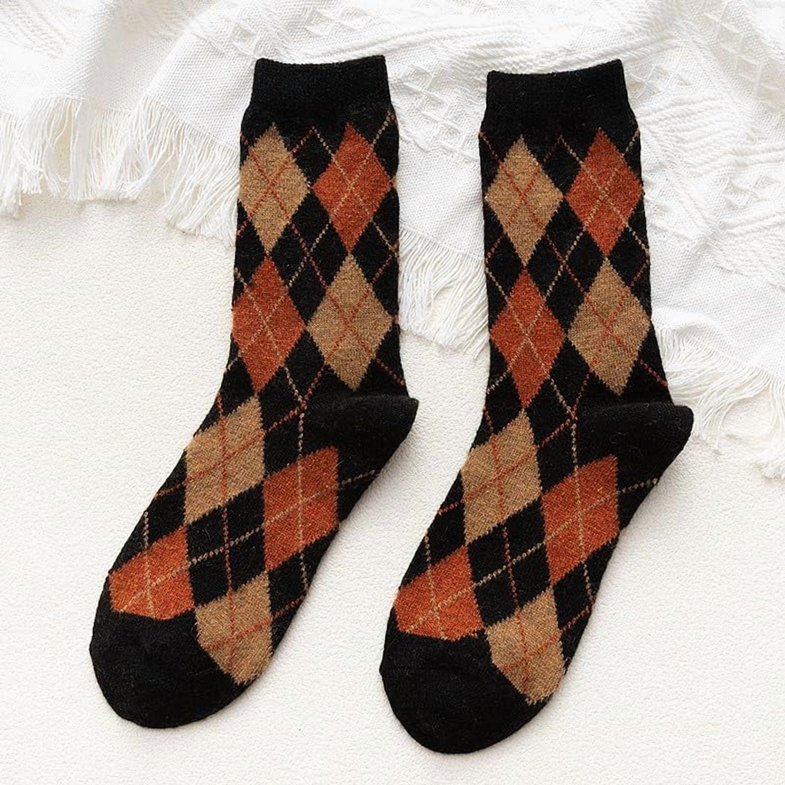 2 Pairs Black Rhombus Pattern Wool Knitting Crew Socks 10mm Winter ...