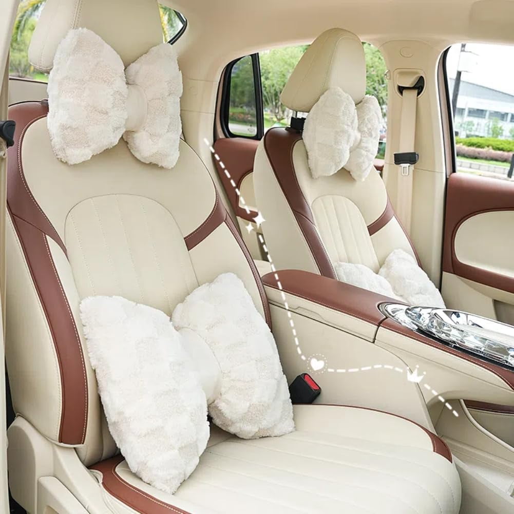 2 Pairs Car Neck Pillow and Lumbar Support Cushion Plush Butterfly Knot ...