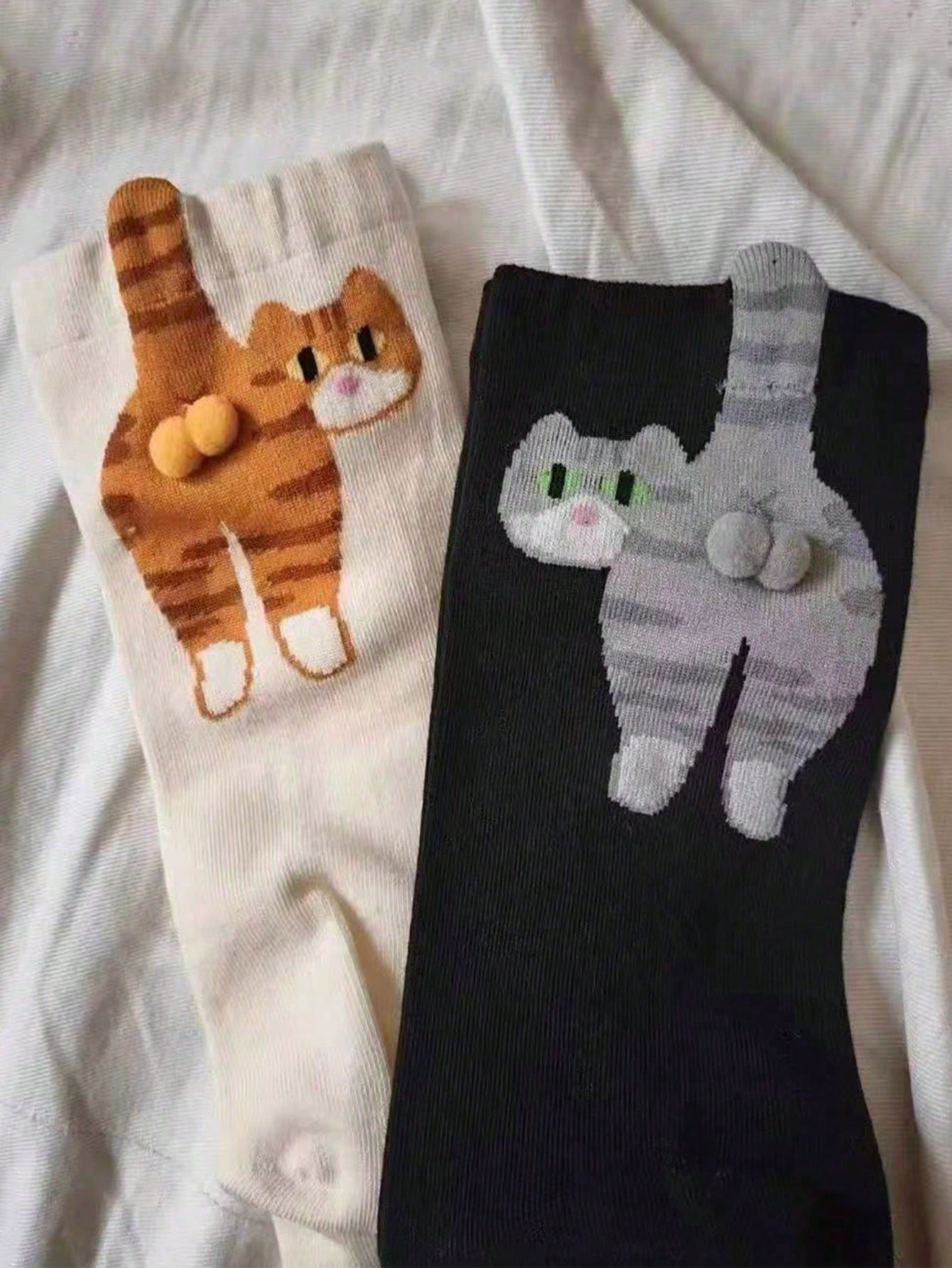2 Pairs Cat & Bell Design Casual Mid-Calf Socks, Funny & Cute For ...