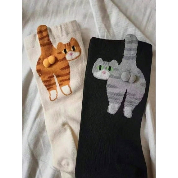 2 Pairs Cat & Bell Design Casual Mid-Calf Socks, Funny & Cute For ...