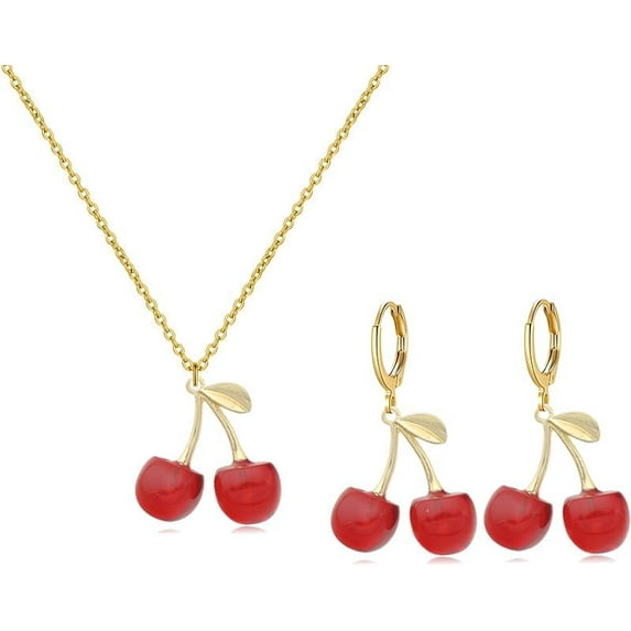 2 Pairs Cherry Earrings Necklace Sets for Women Funny Charm 3D Red ...