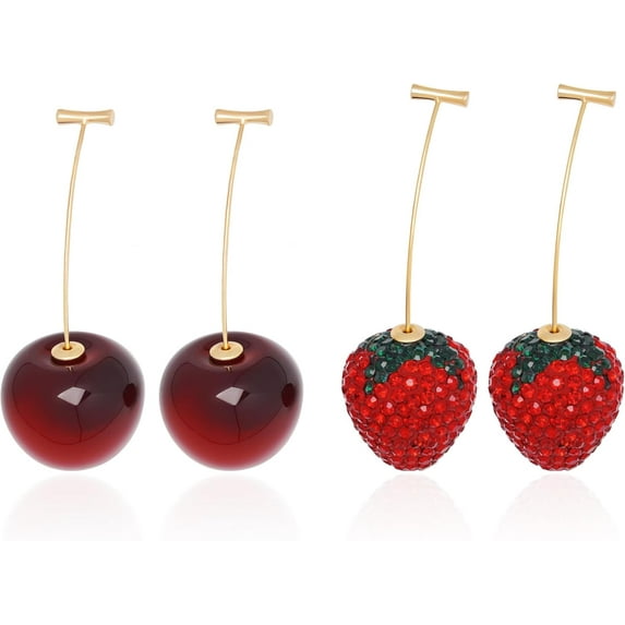 2 Pairs Cherry Strawberry Drop Earrings, Cute Red Strawberry Cherry ...