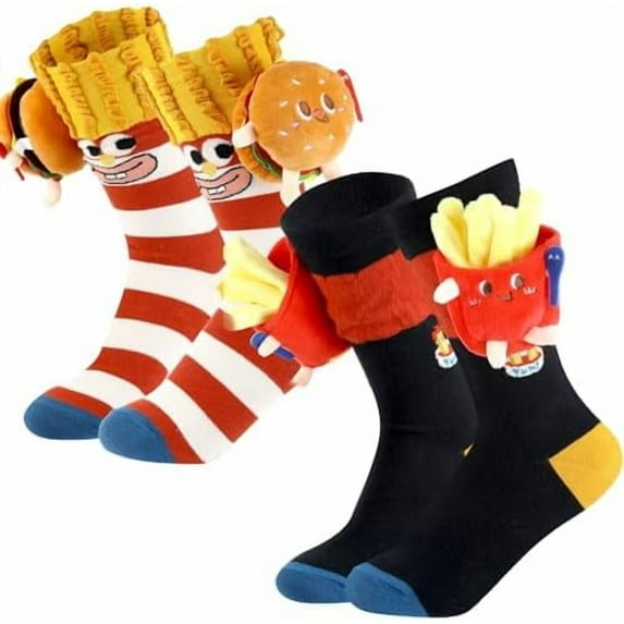 2 Pairs Christmas Santa Fun Food 3D Crew Socks Novelty Fast Food Mid ...