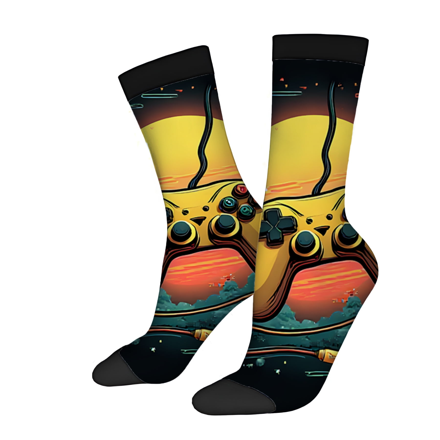 2 Pairs Cosmic Design Socks with Yellow Sun & Game Controller - Unisex ...
