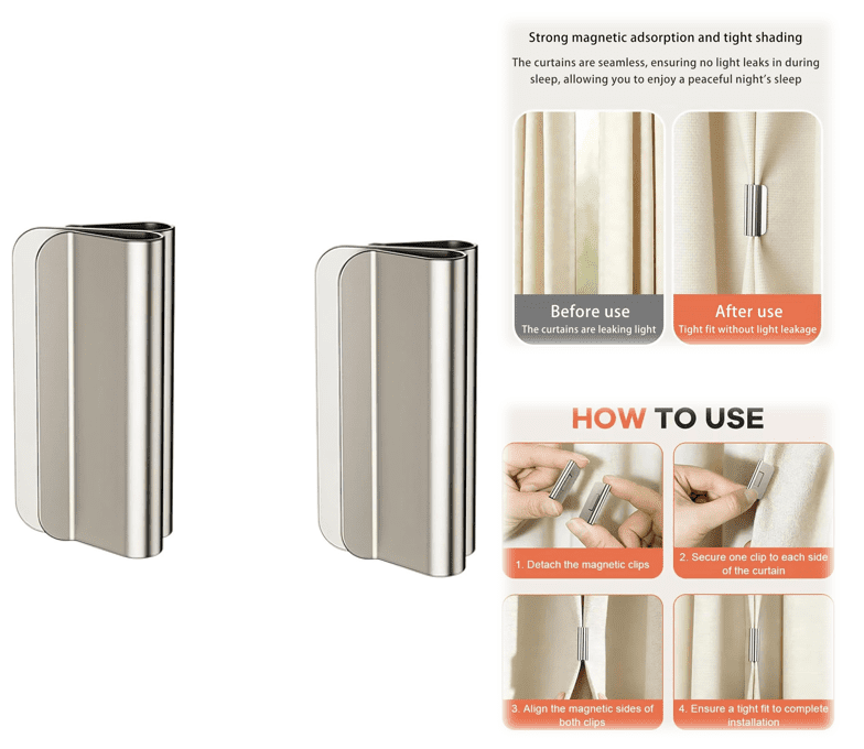 2 Pairs Curtain Magnetic Clips, Detachable Closure Keep Curtain Closed ...