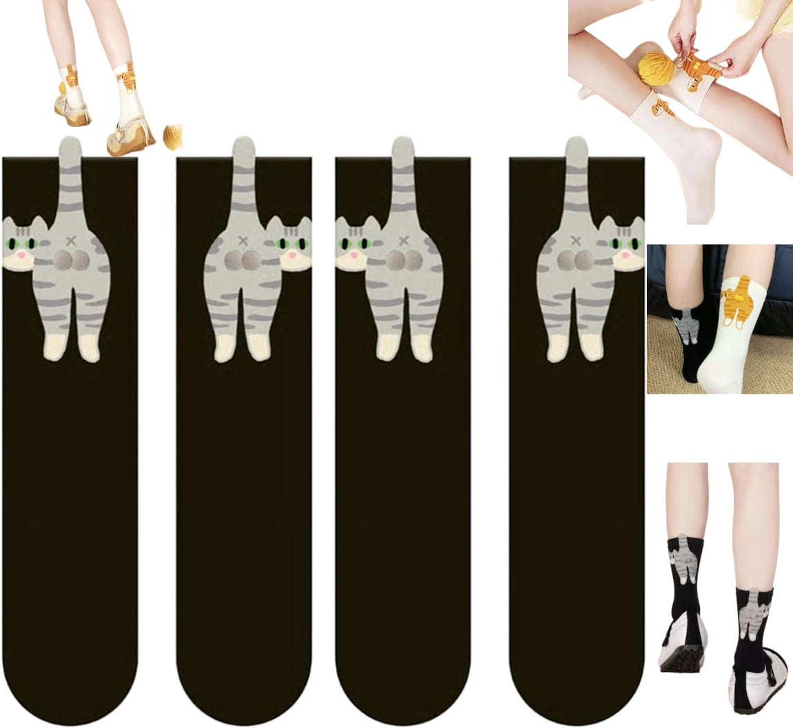 2 Pairs Cute Cat Socks with Balls, Women's Cat Socks, Cotton Novelty ...