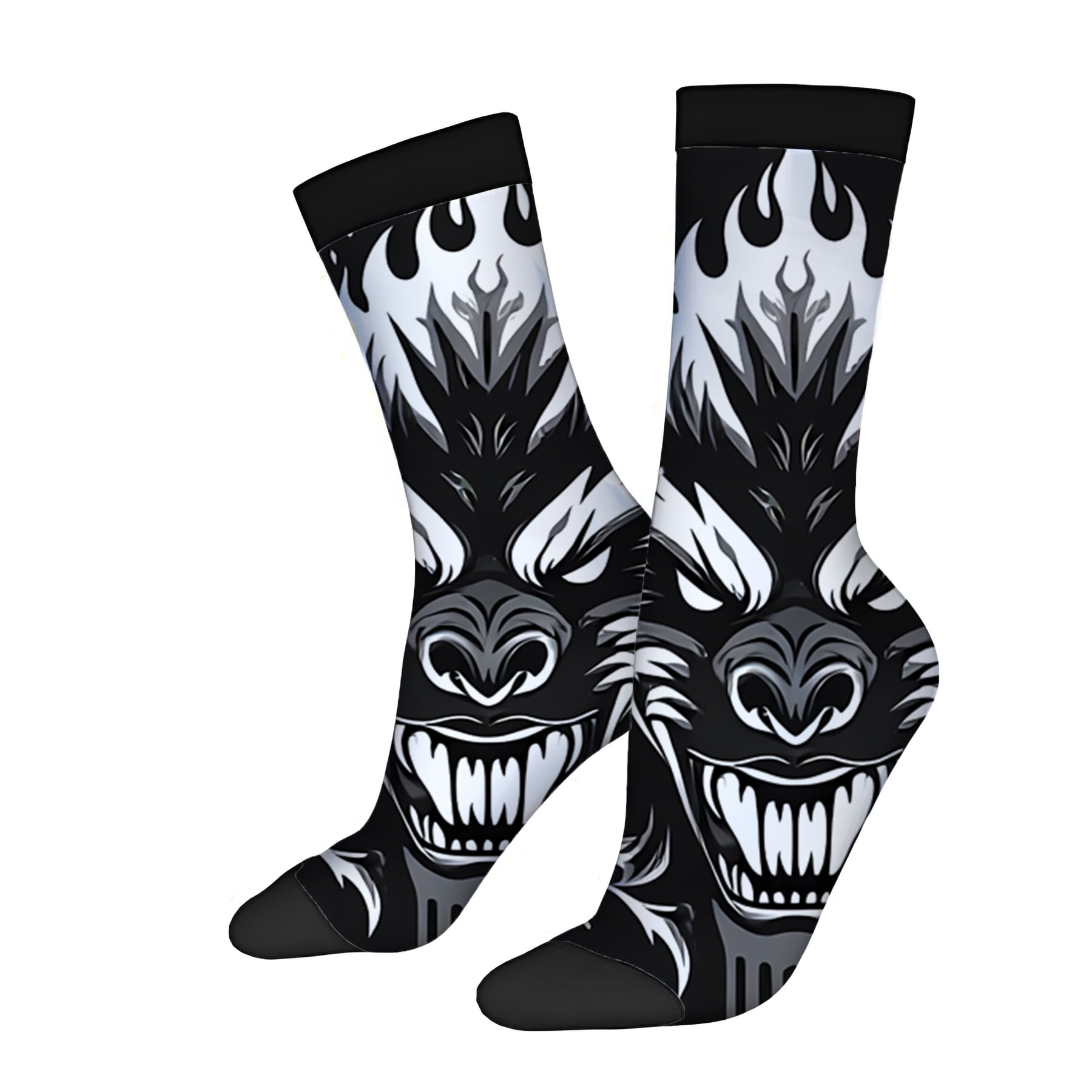 2 Pairs Fierce Wolf Face Socks with Flames - Unisex Trendy Mixed Color ...