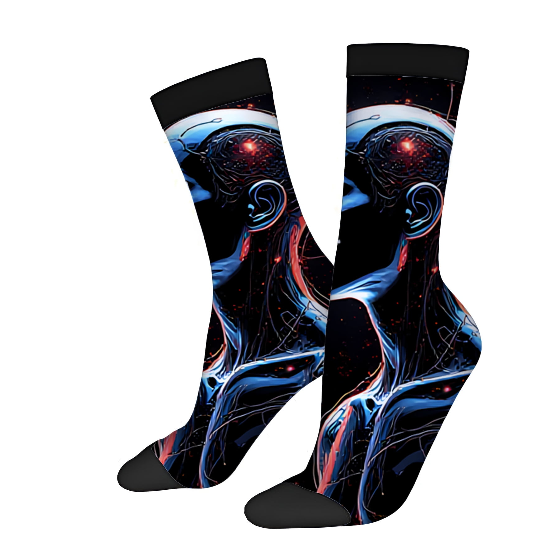 2 Pairs Futuristic Unisex Socks with Blue Humanoid Profile Design Sci ...