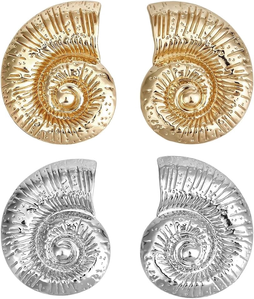 2 Pairs Gold Conch Stud Earrings 1.85x1.5inch Large Sea Shell Stud ...
