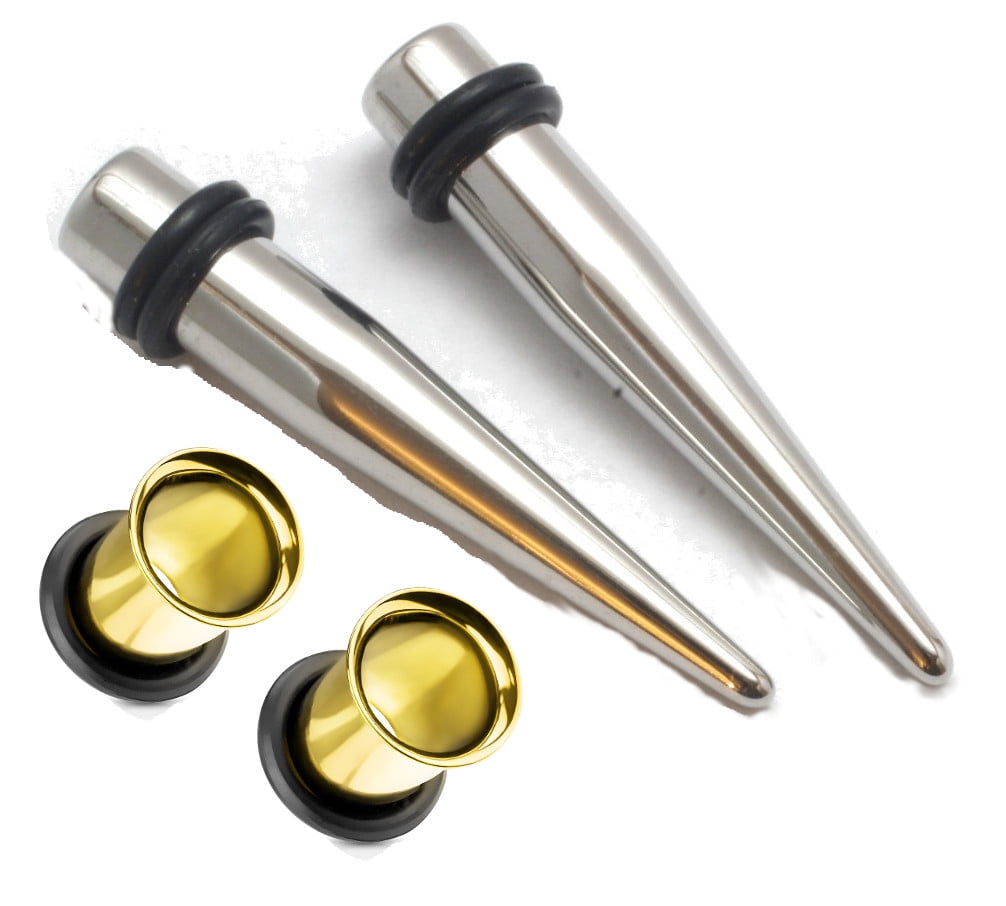 2 Pairs Gold Tunnels Steel Tapers plugs ear gauges kit-Gauge size=00g ...