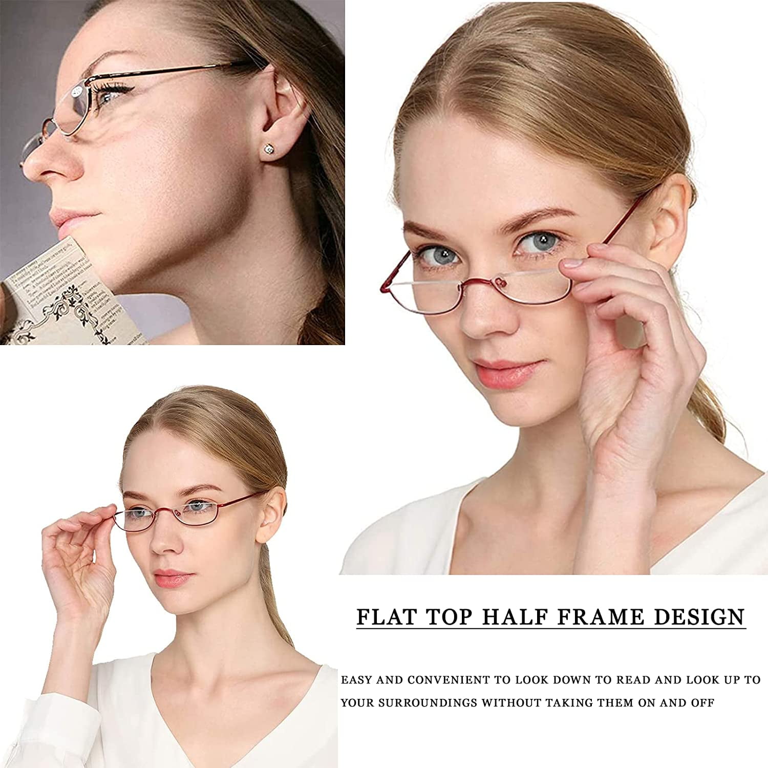2 Pairs Half Frame Reading Glasses for Women Men Slim Half Moon Lens ...