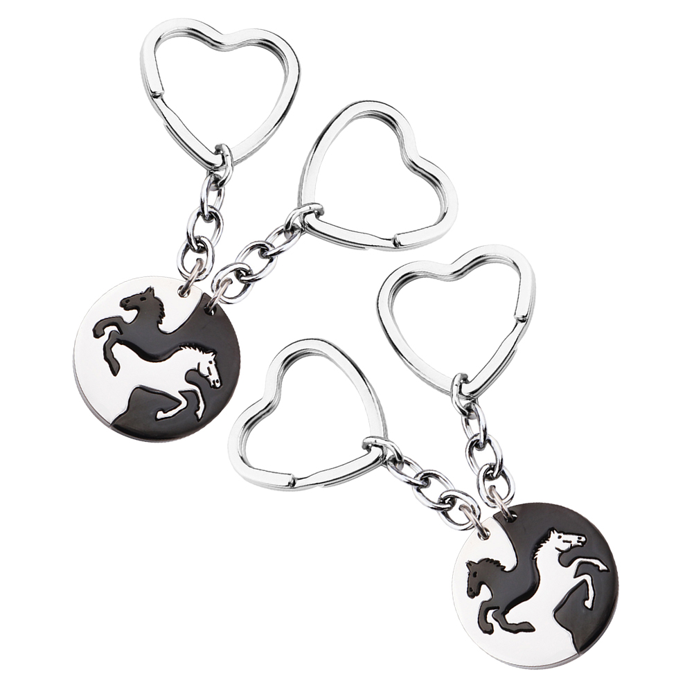 2 Pairs Heart Shaped Alloy Keychain Horse Key Ring Couple Keyring ...