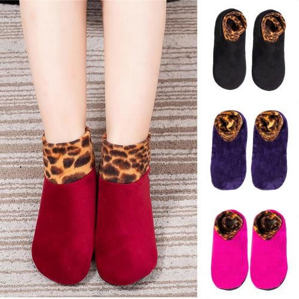 2 Pairs Indoor Non-slip Thermal Slipper Socks Women Leopard Floor Socks ...