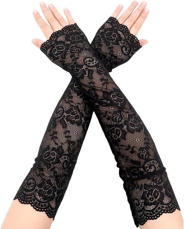 2 Pairs Long Sleeves Black Polyester Lace Sun Protection oversleeves ...