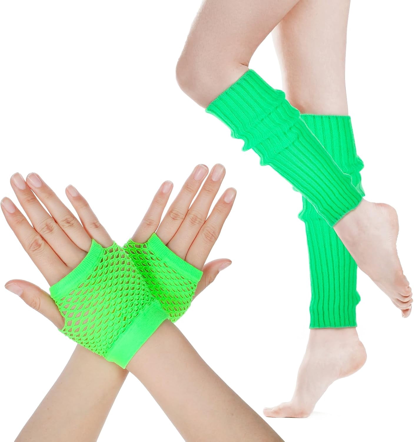 2 Pairs Neon Knitted Leg Warmers and Fishnet Gloves 80s Neon Stretchy ...