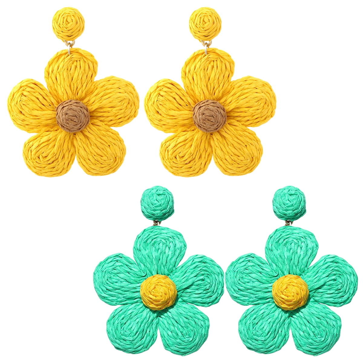 2 Pairs Of Rattan Earrings For Women Raffia Straw Wrapped Flower Drop Dangle Earrings Summer ...