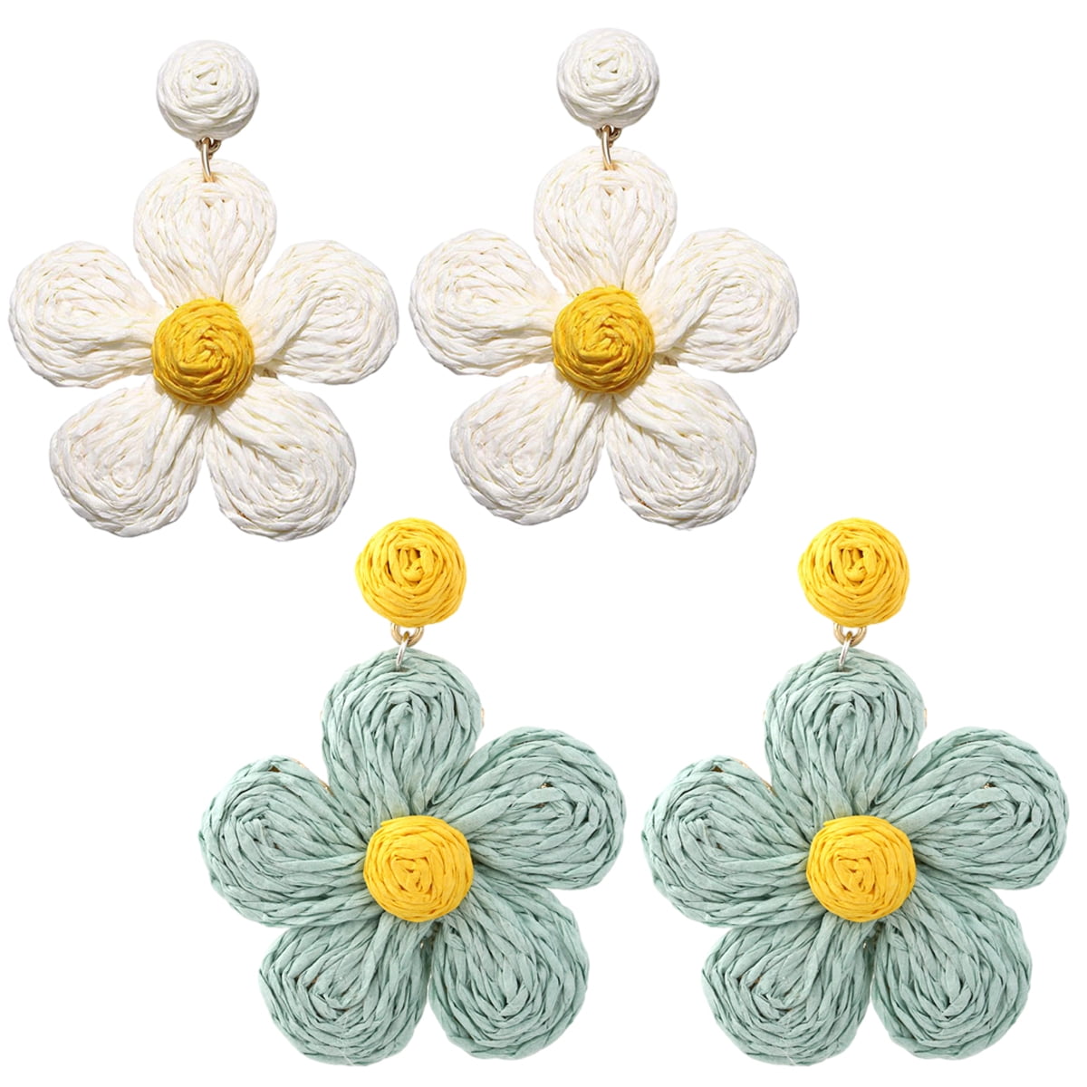 2 Pairs Of Rattan Earrings For Women Raffia Straw Wrapped Flower Drop Dangle Earrings Summer ...