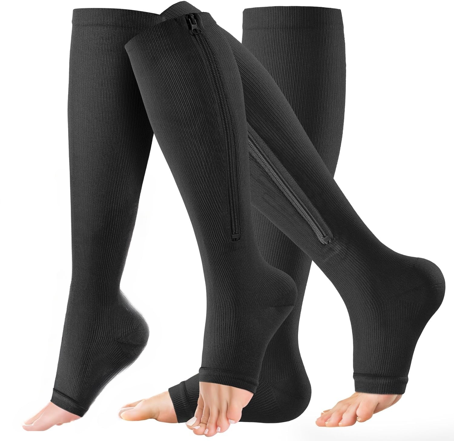 2 Pairs Of Zipper Compression Socks Knee High Men & Women - 15-20mmhg ...