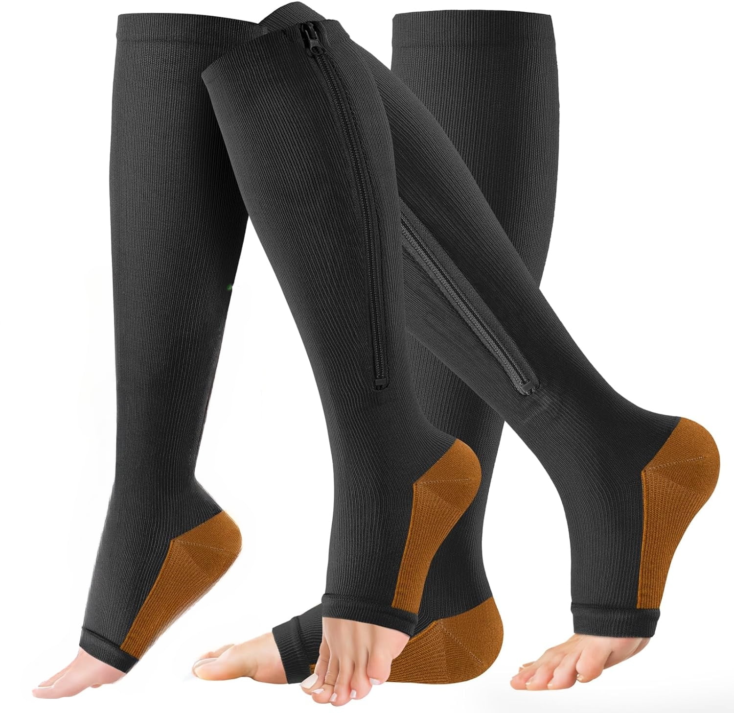 2 Pairs Of Zipper Compression Socks Knee High Men & Women - 15-20mmhg ...