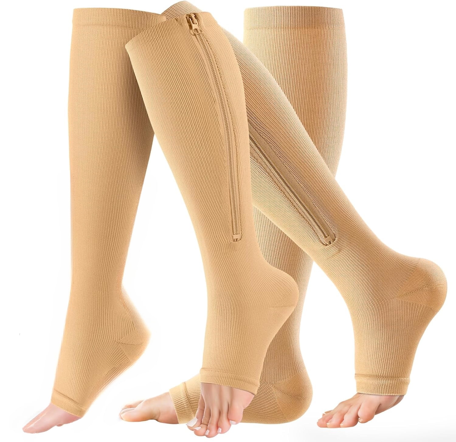 2 Pairs Of Zipper Compression Socks Knee High Men & Women - 15-20mmhg ...