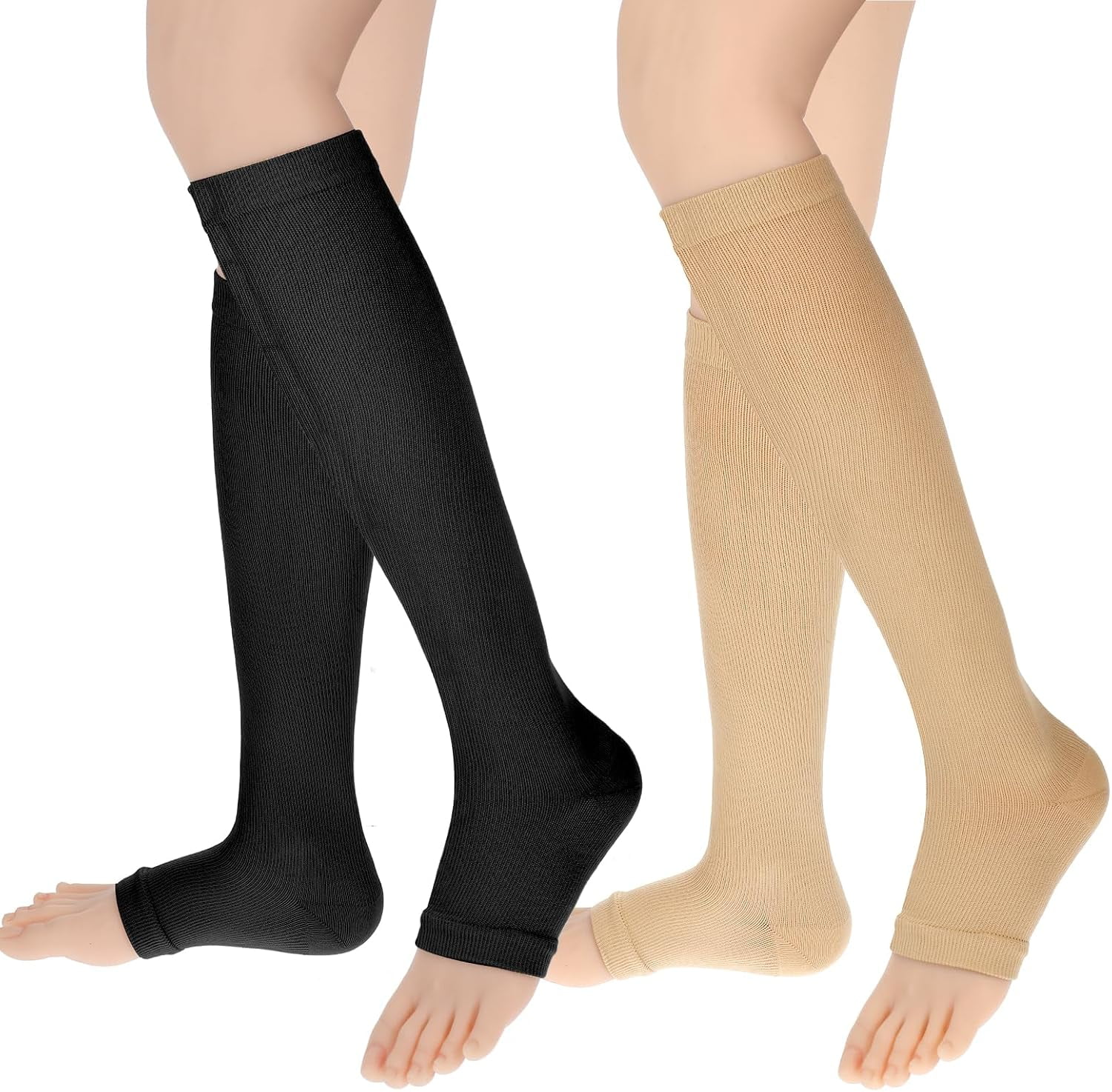 2 Pairs Open Toe Compression Socks, 15-20 MmHg Compression Stockings ...