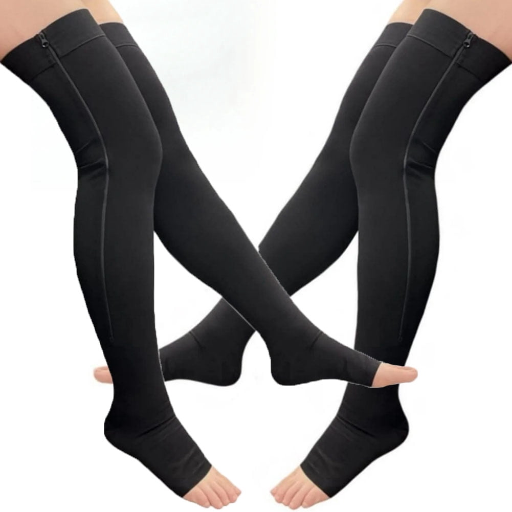 2 Pairs Open Toe Thigh High Zipper Compression Socks 20-30 Mmhg Zipper ...