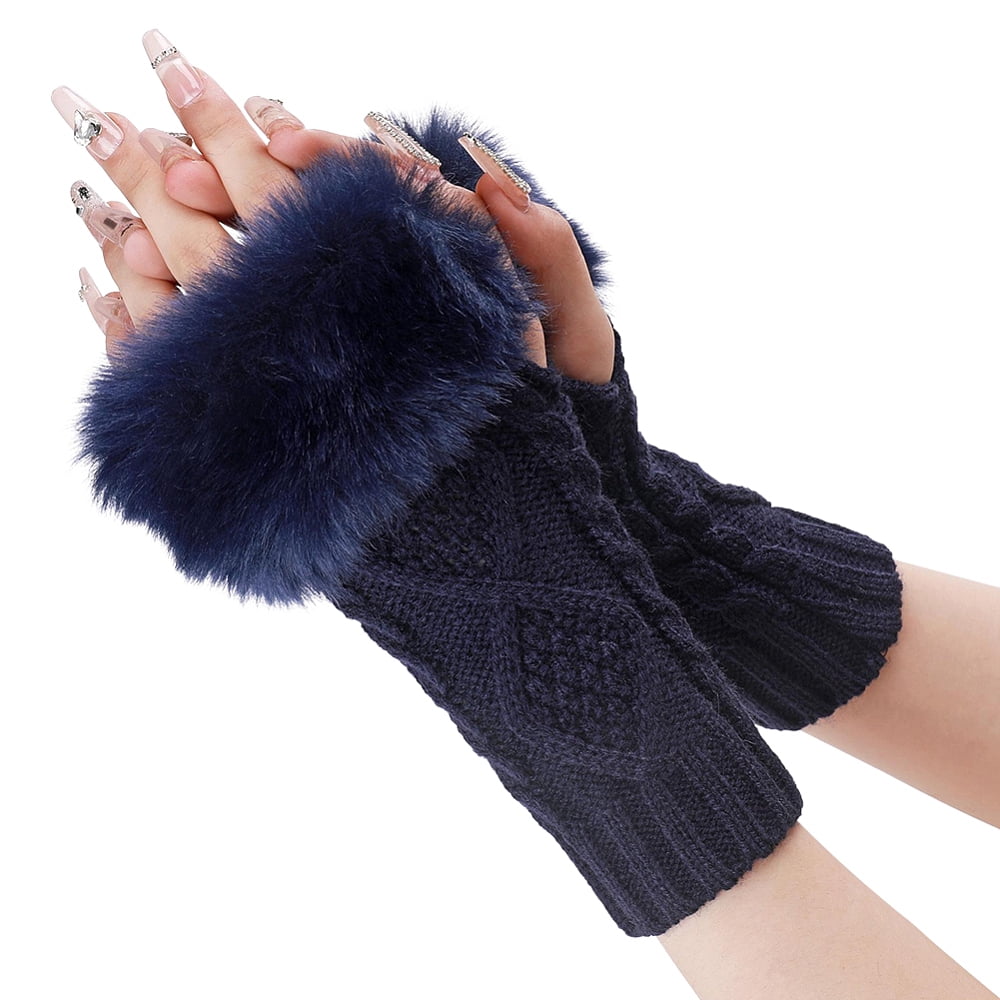 2 Pairs Prussian Blue Furry Fingerless Gloves Arm Warmers Fluffy Winter ...