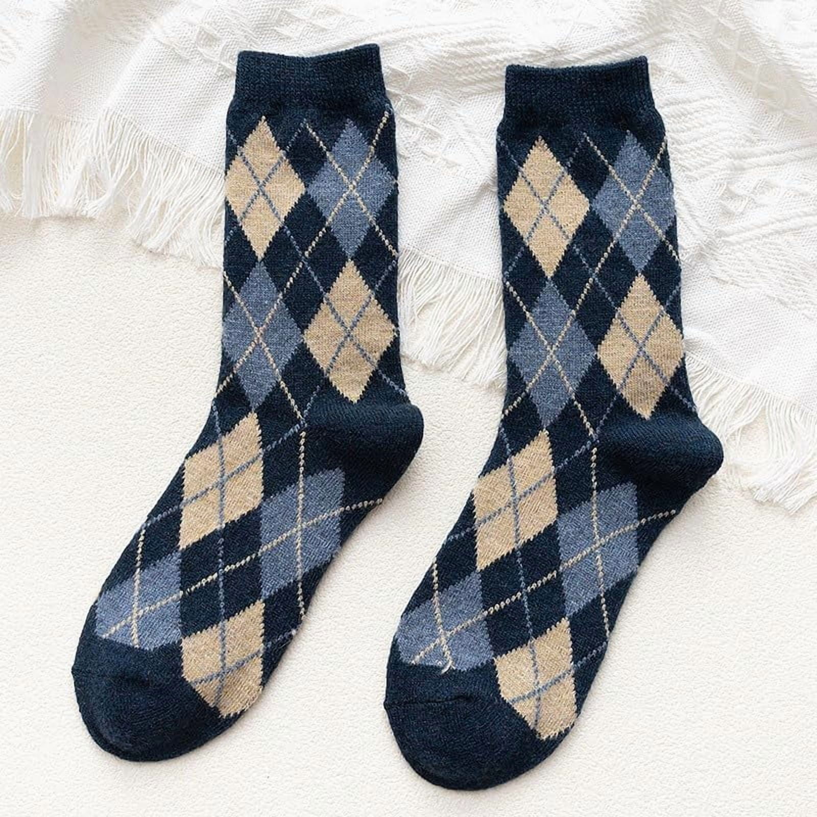 2 Pairs Prussian Blue Rhombus Pattern Wool Crew Socks 10mm Winter ...