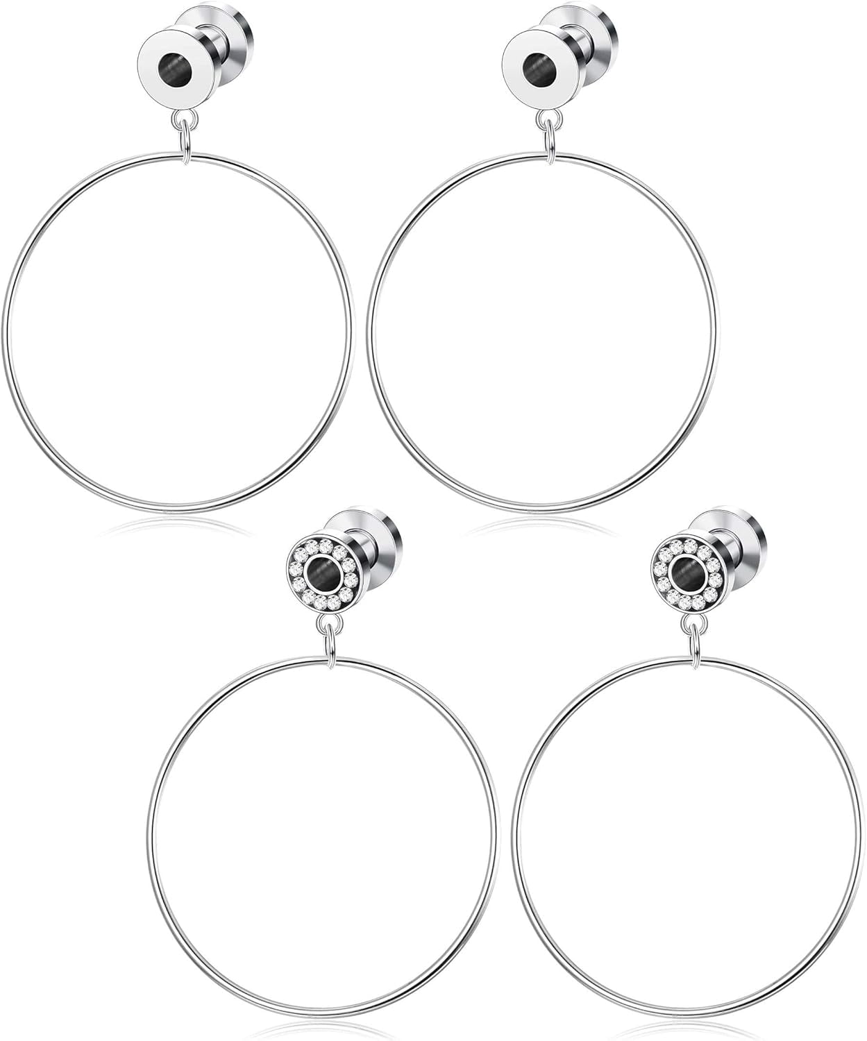 2 Pairs Sainless Steel CZ Ear Plugs Large Hoop Gauge for Ear Tunnels ...