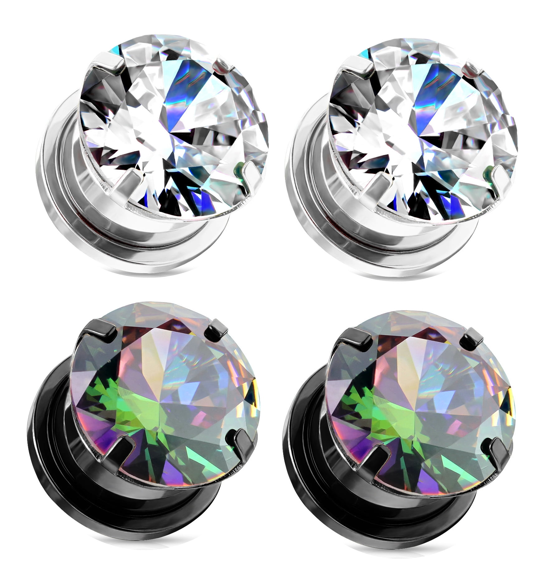 2 Pairs Screw Fit CZ Cubic Zirconia Gem Plugs Black Plated Steel ...