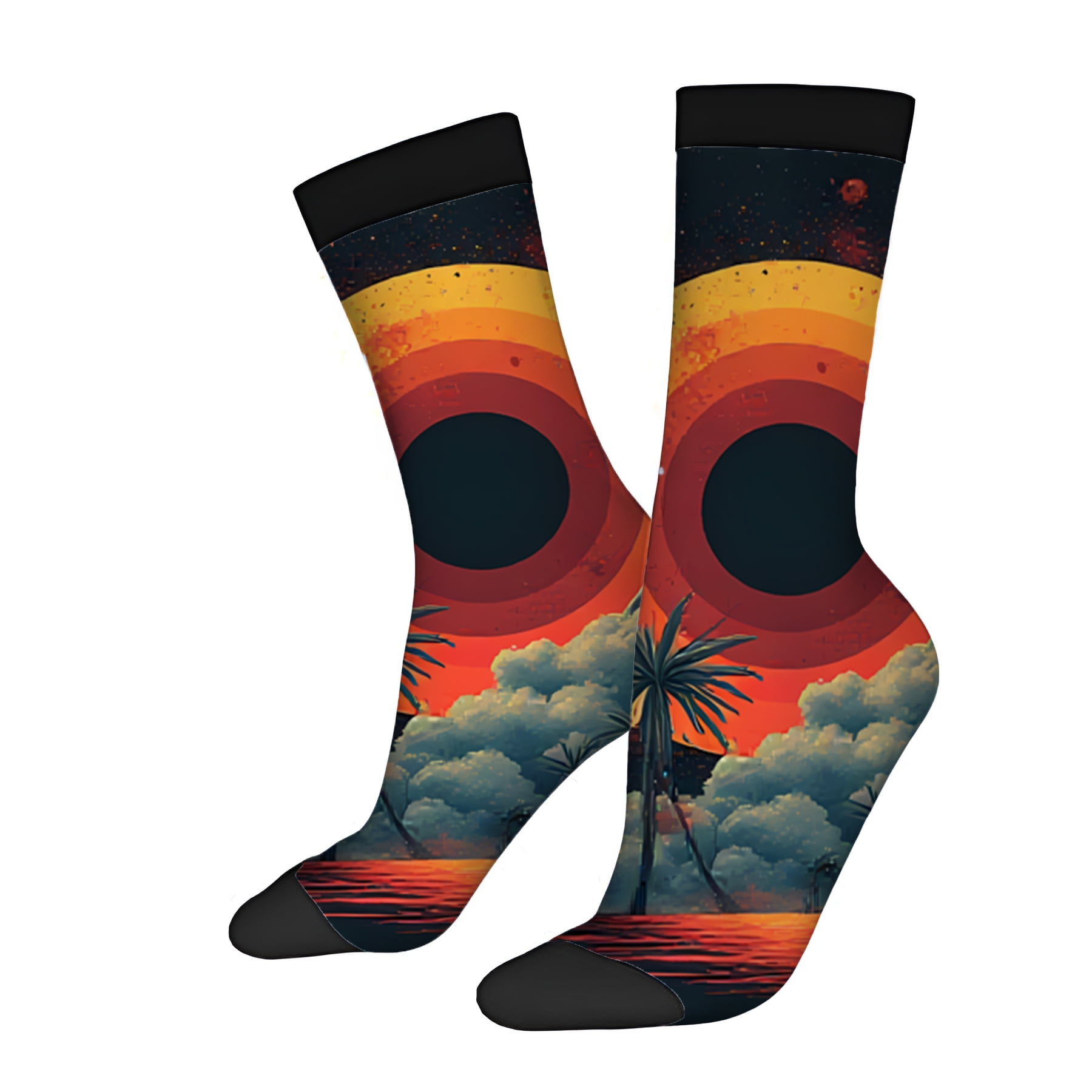 2 Pairs Vibrant Sunset Scene Socks with Palm Trees - Unisex Trendy ...