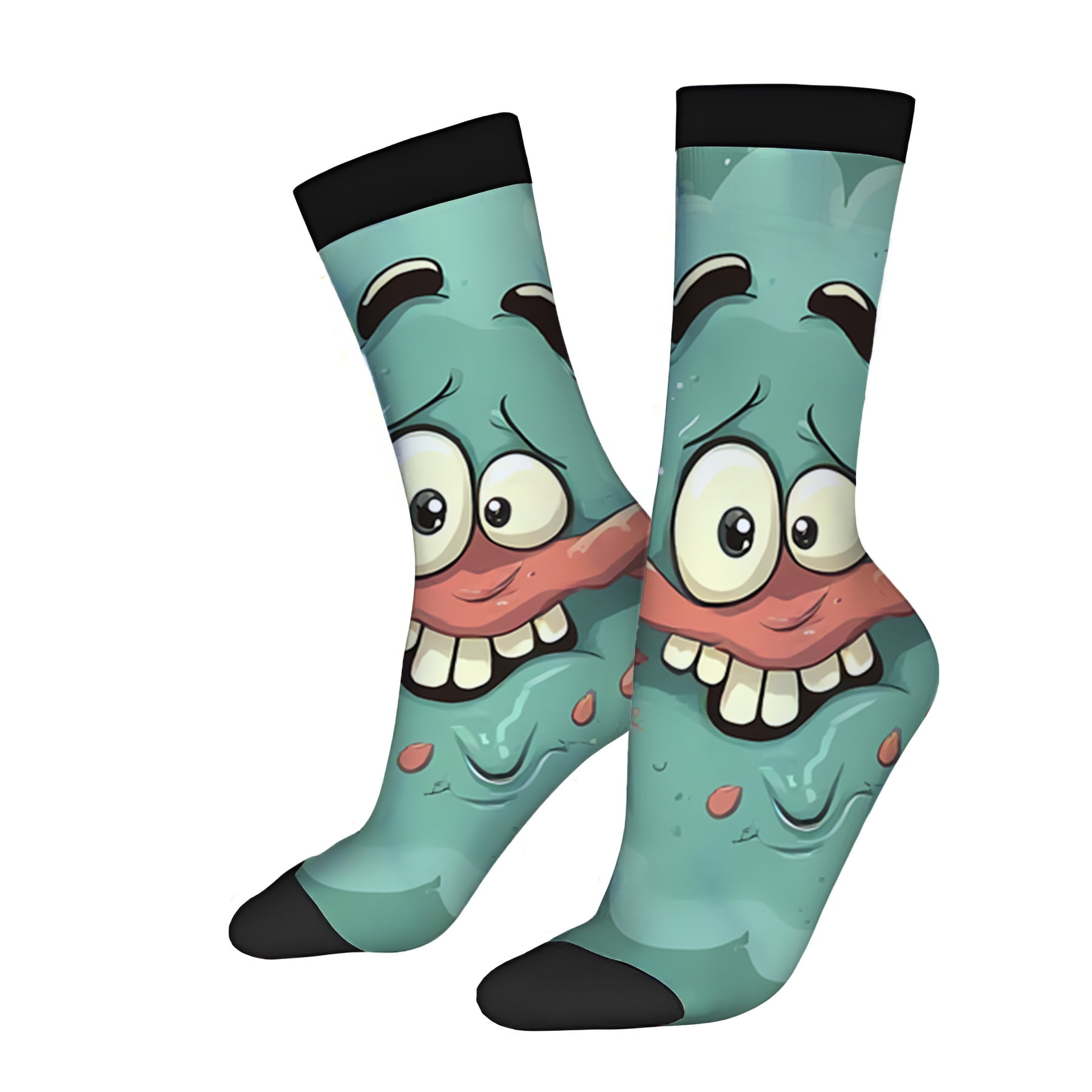2 Pairs Whimsical Teal Socks with Cartoon Face Design & Abstract ...