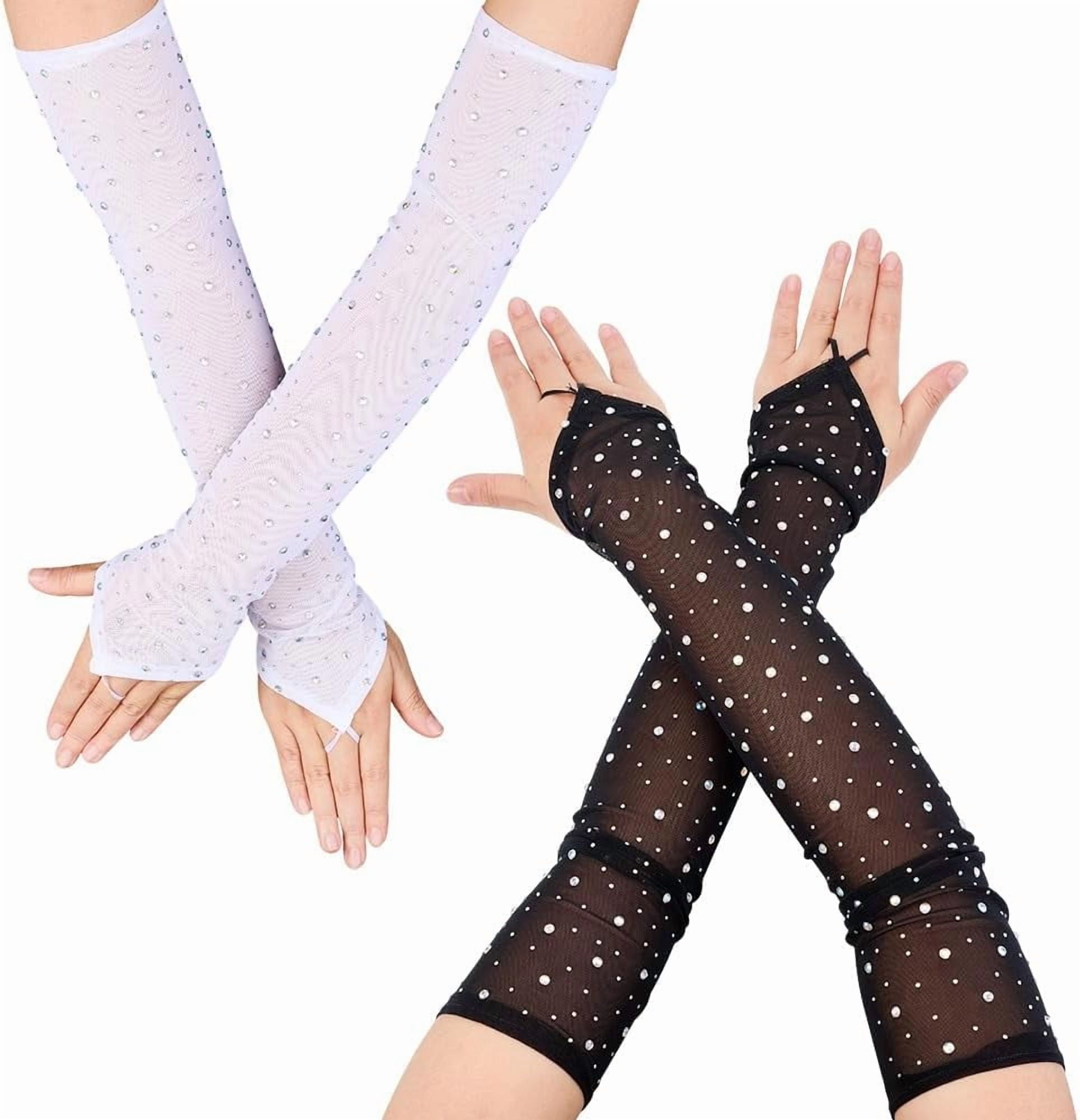 2 Pairs White Black Rhinestone Elbow Length Stretchy Gloves Long Arm ...