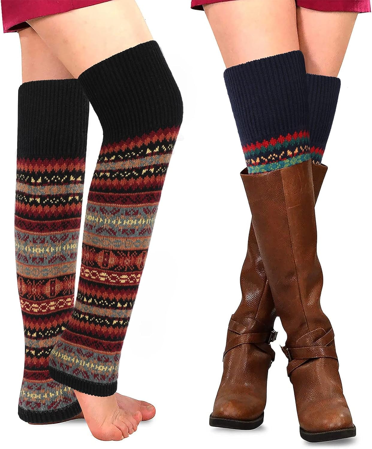 2 Pairs Winter Leg Warmers for Women, Boho Knitted Warm Long Leg Warmer ...