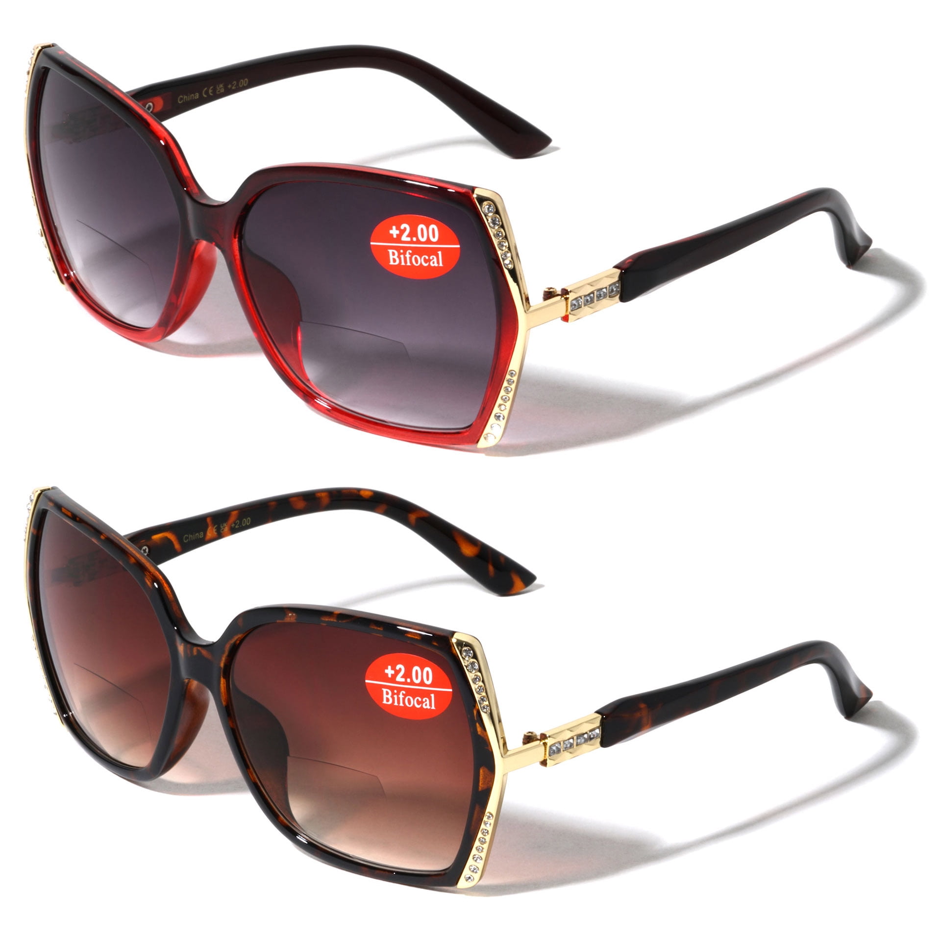2 Pairs Women Bifocal Oversized Reading Sunglasses with Rhinestones ...