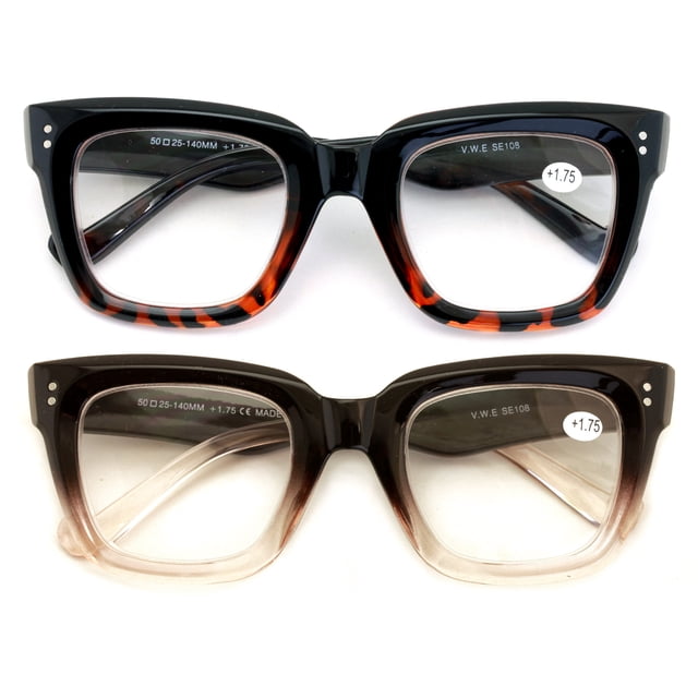 2 Pairs Women Bold Oversized Large Reading Glasses Traperzoid Clear ...