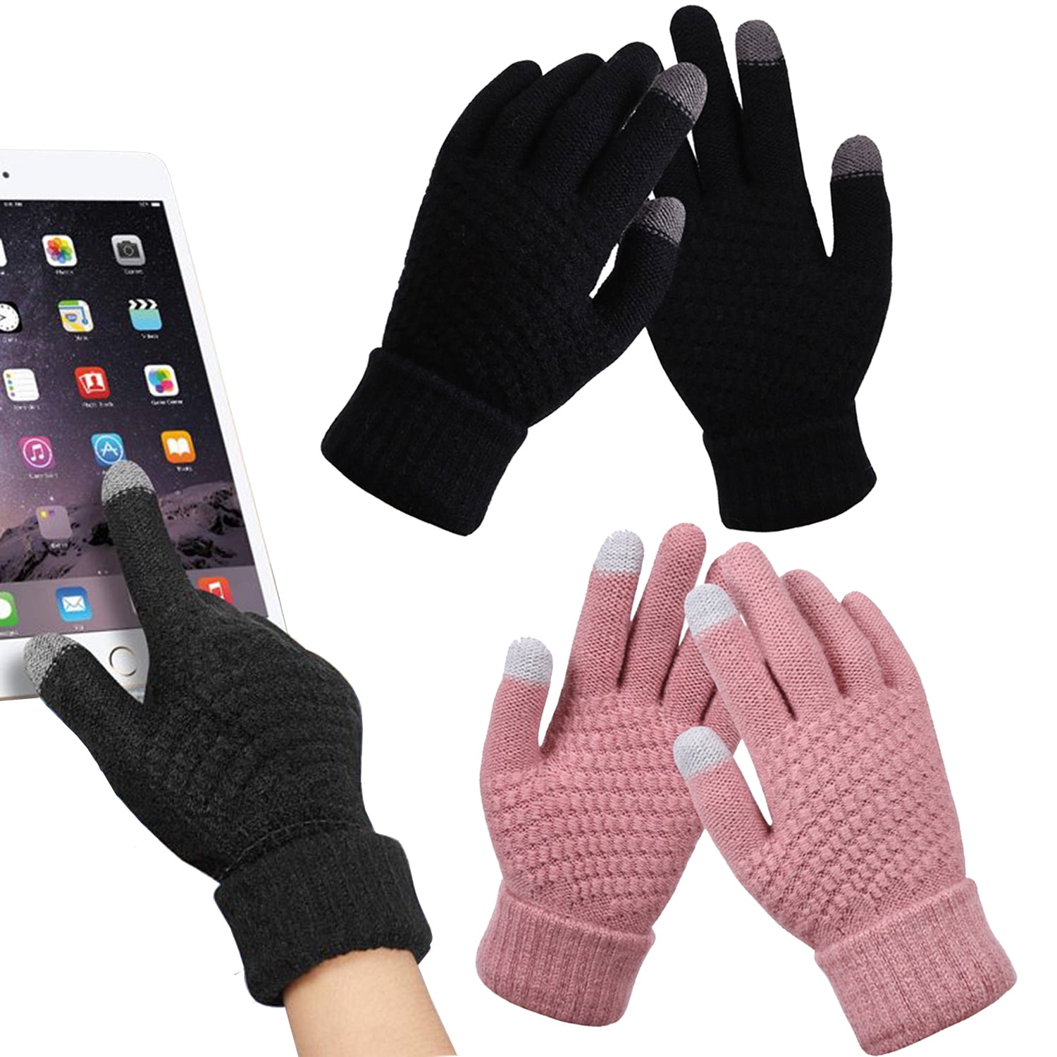 2 Pairs Women Touchscreen Gloves Winter Warm Fleece Lined Knit Gloves ...