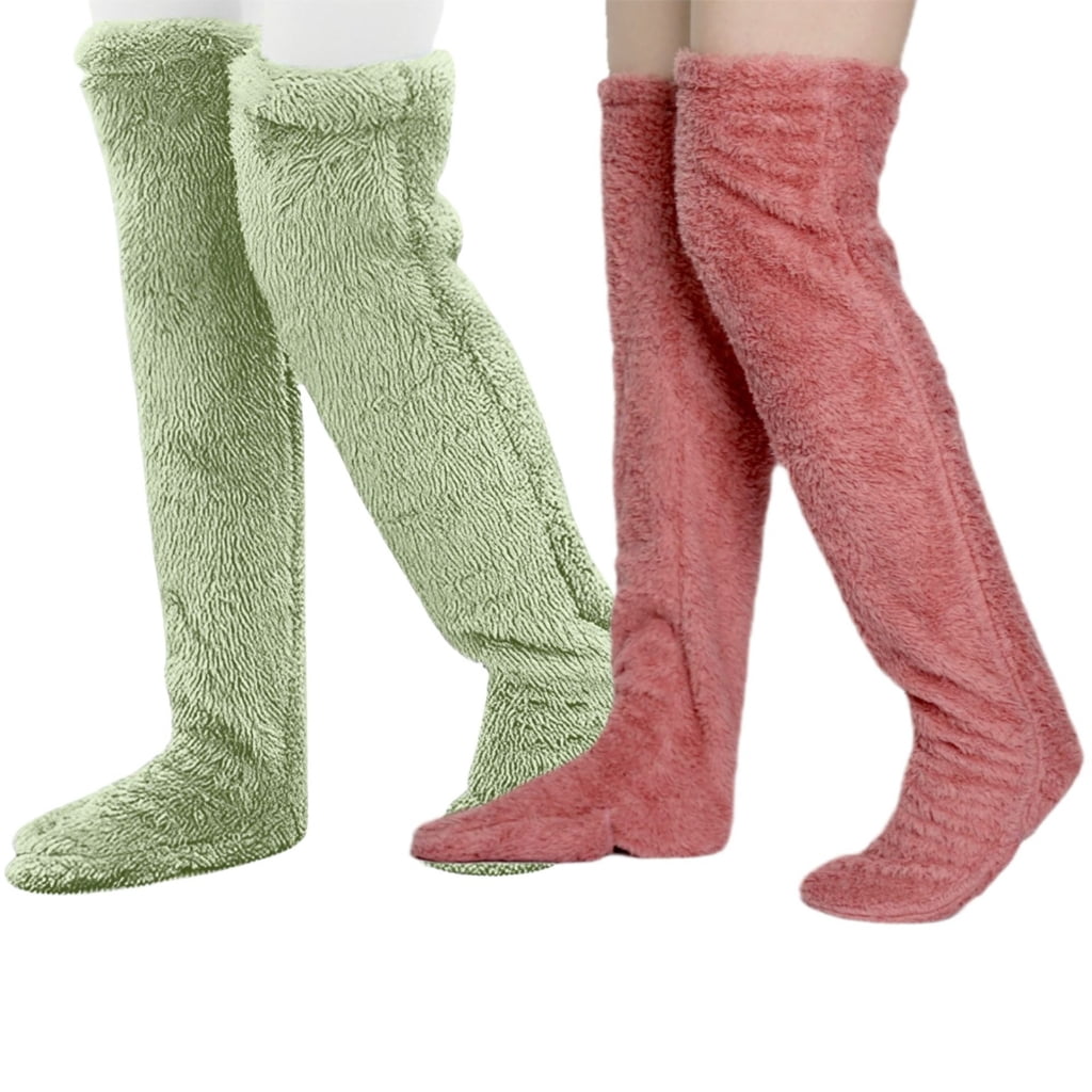2 Pairs Women Winter Fuzzy Thick Warm Over Knee Slipper Socks Long ...