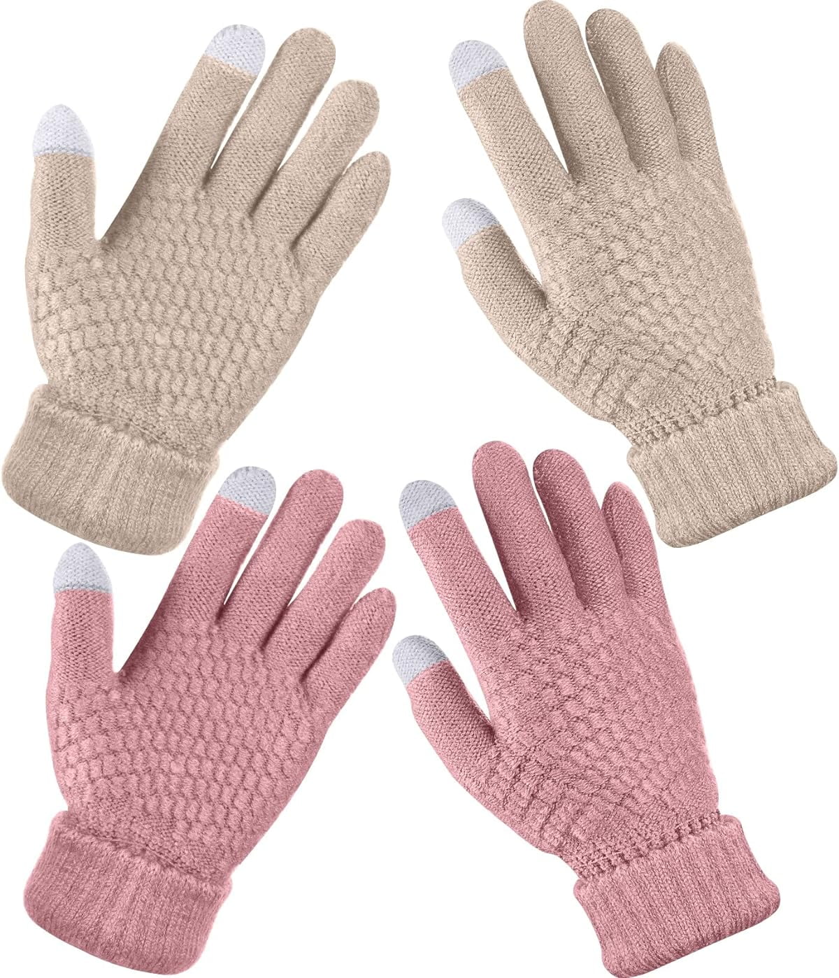 2 Pairs Women's Winter Touch Screen Gloves Warm Fleece Lined Knit Gloves Elastic Cuff Winter ...