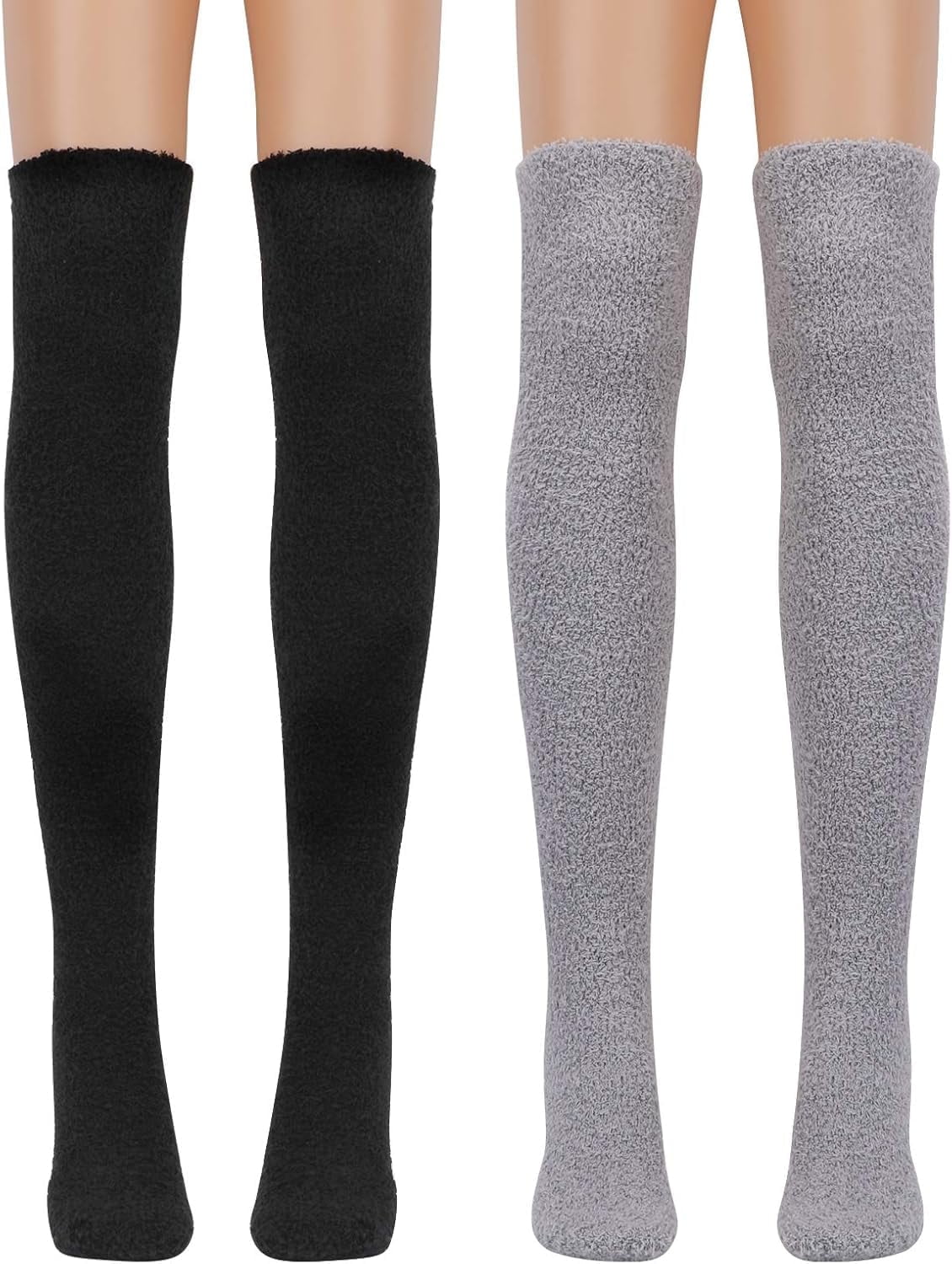 2 Pairs Womens Thigh High Fuzzy Socks Warm Winter Over Knee High Long ...
