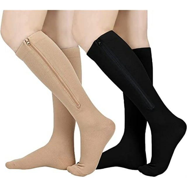 Wukang 2 Pairs L/XL Zipper Compression Socks 15-20 mmHg, Knee High ...