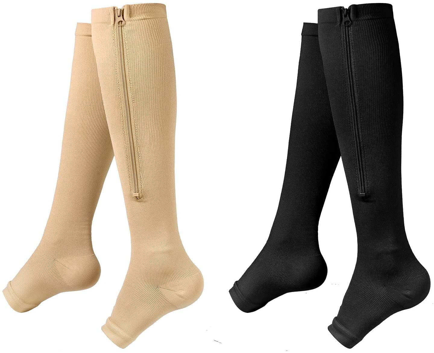 2 Pairs Zipper Compression Socks Open Toe Knee High 20-30mmHg Support ...