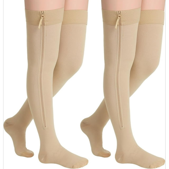 2 Pairs Zipper Compression Socks Thigh High 20-30 mmHg Compression ...