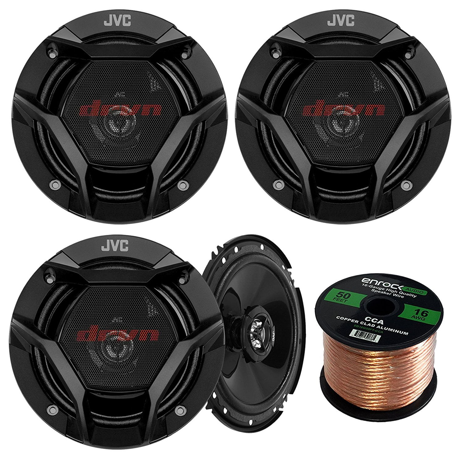 2 Pairs of JVC CS-DR620 6.5" 300 Watt 2-Way Stereo Coaxial Car Audio Speakers with 50 ft 16 ...