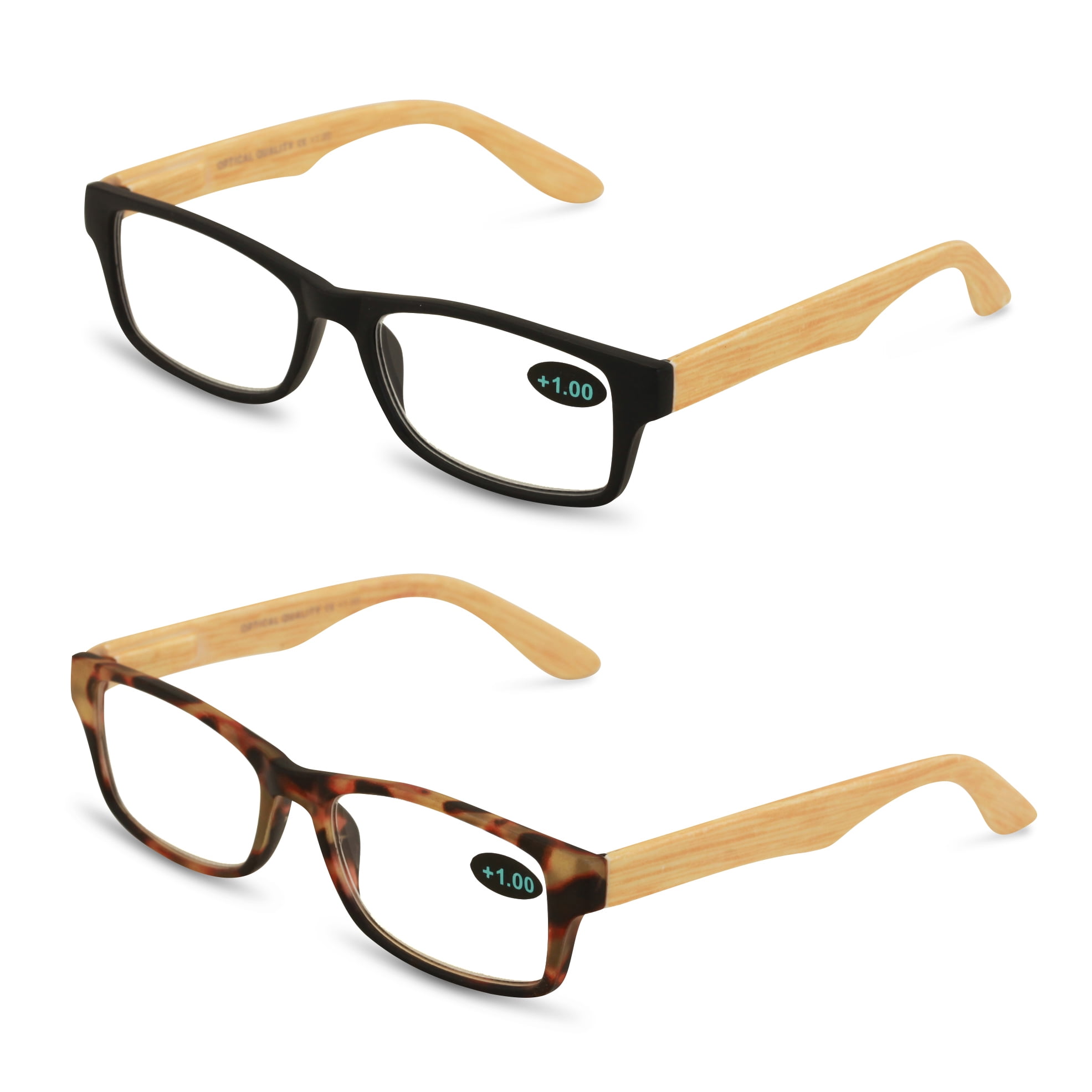 2 Pairs of Wood Grain Printed Temple Arm Reading Glasses - Spring hinge ...